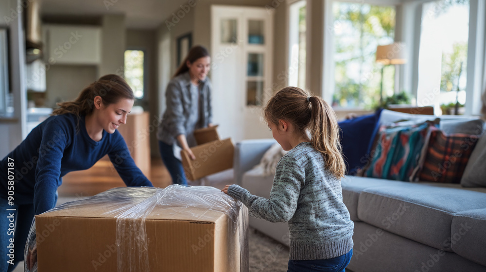 Two women and a young girl actively unpack boxes in a bright, cozy ...