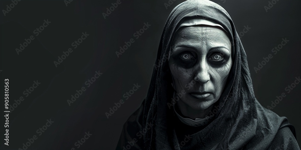 Hateful evil cursed nun staring at the camera isolated on black ...