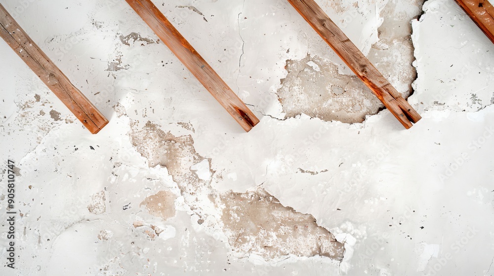 Old building ceiling with severe plaster damage, rotting wood beams ...