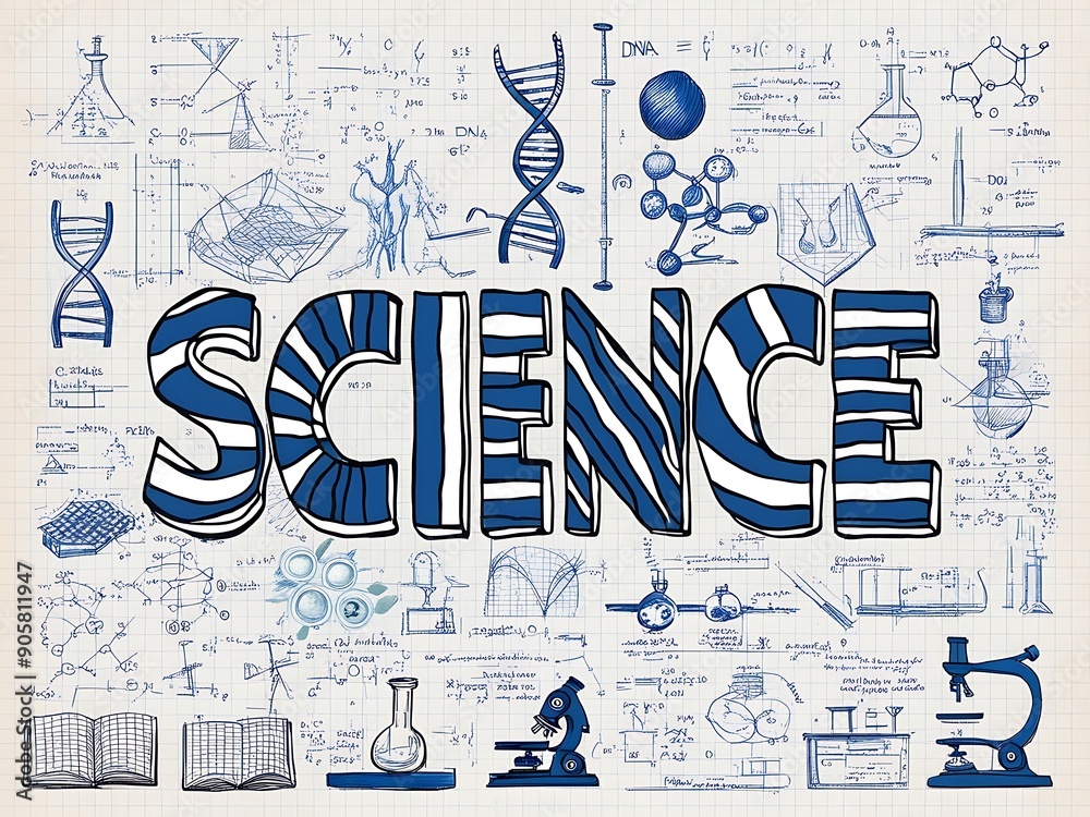 Detailed and intricate science-themed illustration on a grid paper ...