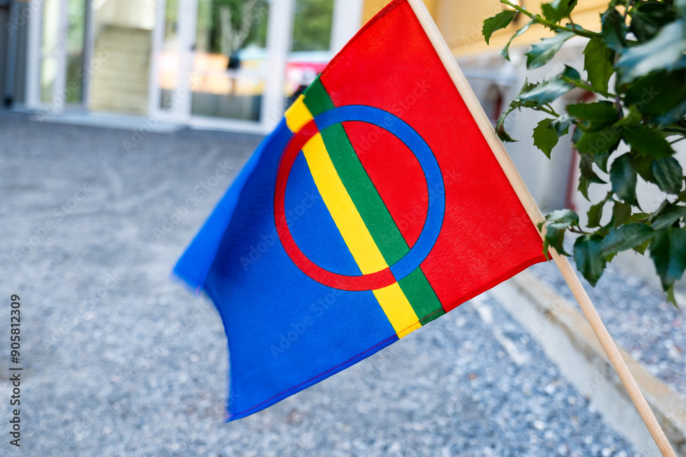 Sami nation flag in Nordland, Norway. Sami flag is the flag of Sami ...