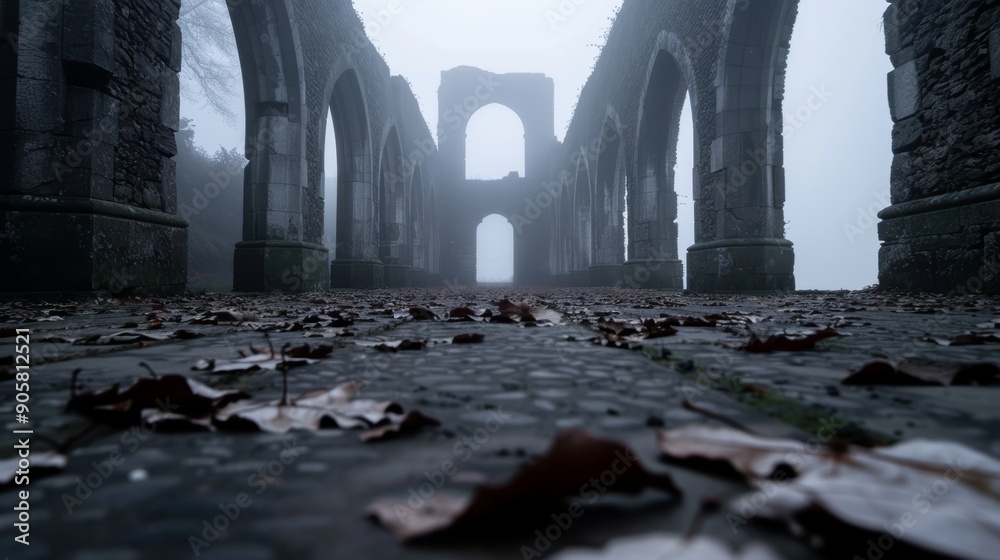 Foggy, deserted courtyard of an ancient, crumbling castle at dusk, eerie shadows cast by broken ...
