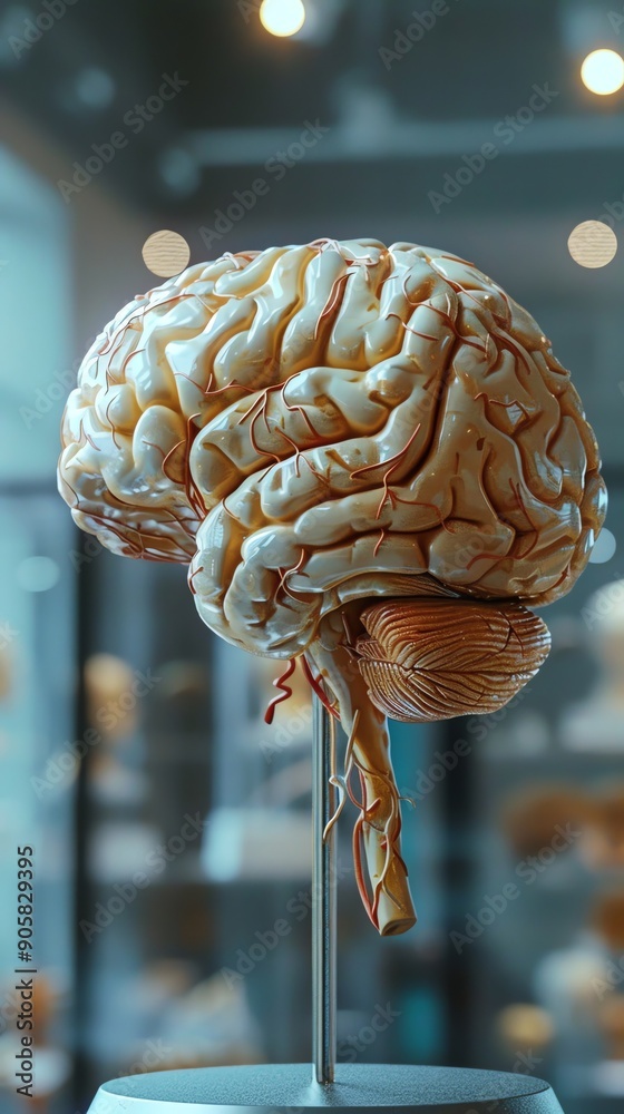 Close-up of a human brain model in a museum setting. Detailed anatomy ...