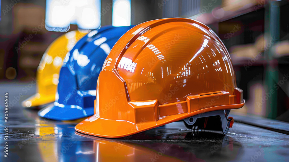 Lineup of orange, blue, and yellow safety helmets on a reflective ...