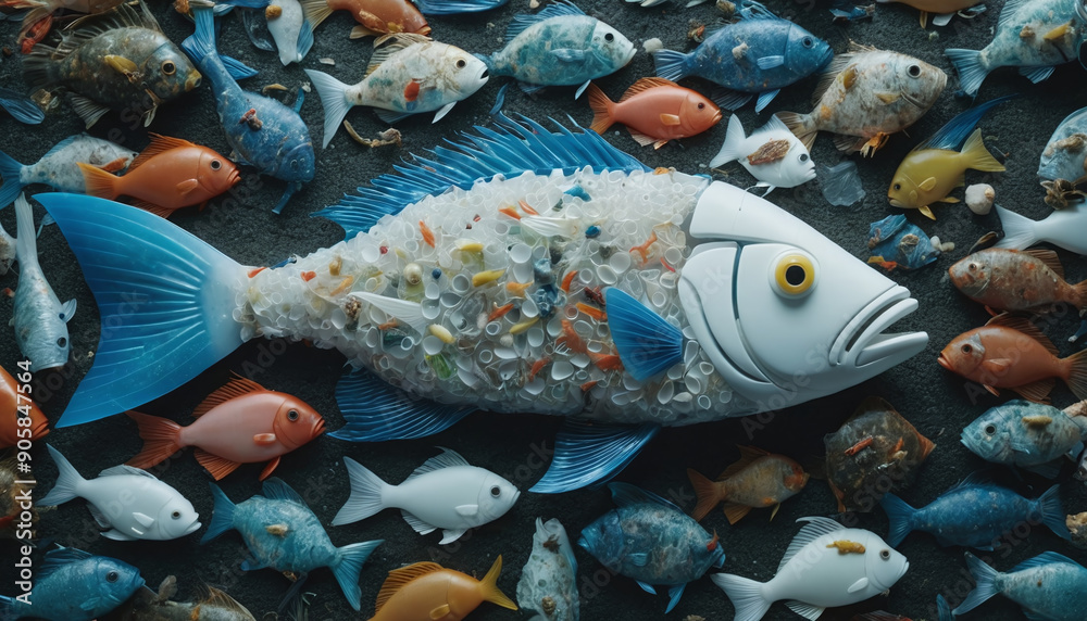 illustrative representation of a food fish made entirely of plastic ...
