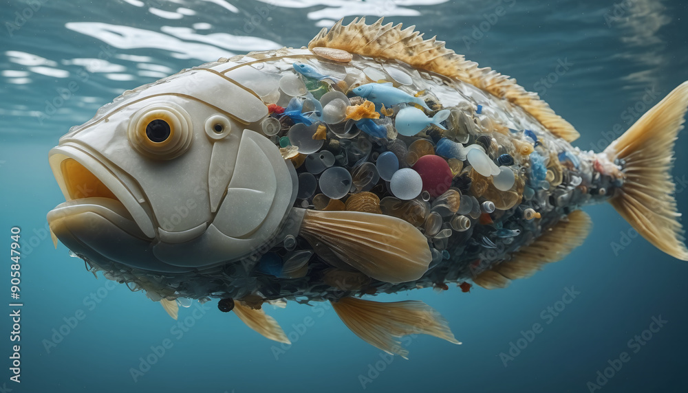 illustrative representation of a food fish made entirely of plastic ...