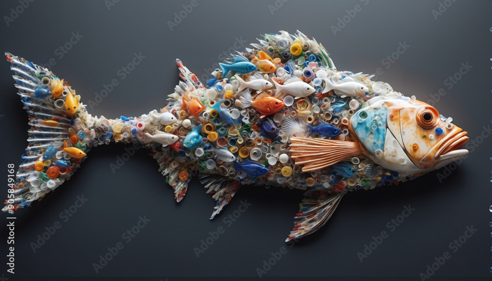 illustrative representation of a food fish made entirely of plastic ...