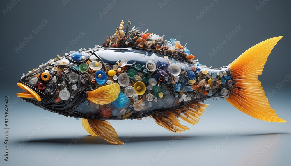 illustrative representation of a food fish made entirely of plastic ...