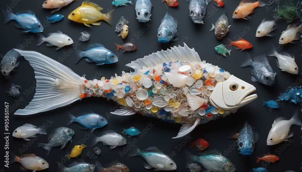 illustrative representation of a food fish made entirely of plastic ...