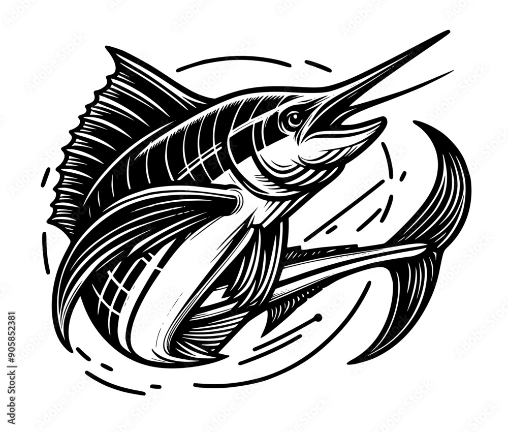 Black and white line art of a marlin, ink sketch illustration, simple ...