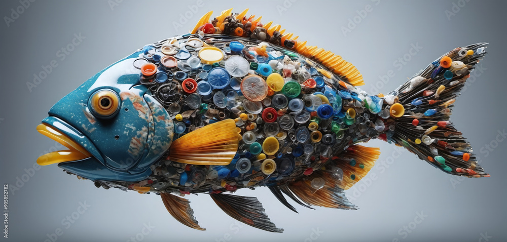 illustrative representation of a food fish made entirely of plastic ...