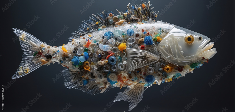 illustrative representation of a food fish made entirely of plastic ...