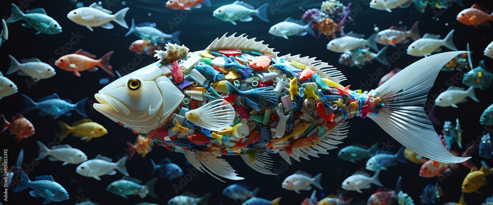 illustrative representation of a food fish made entirely of plastic ...