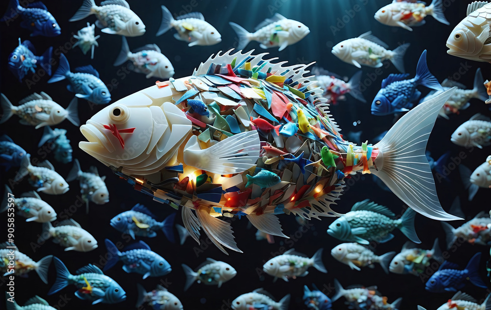 illustrative representation of a food fish made entirely of plastic ...