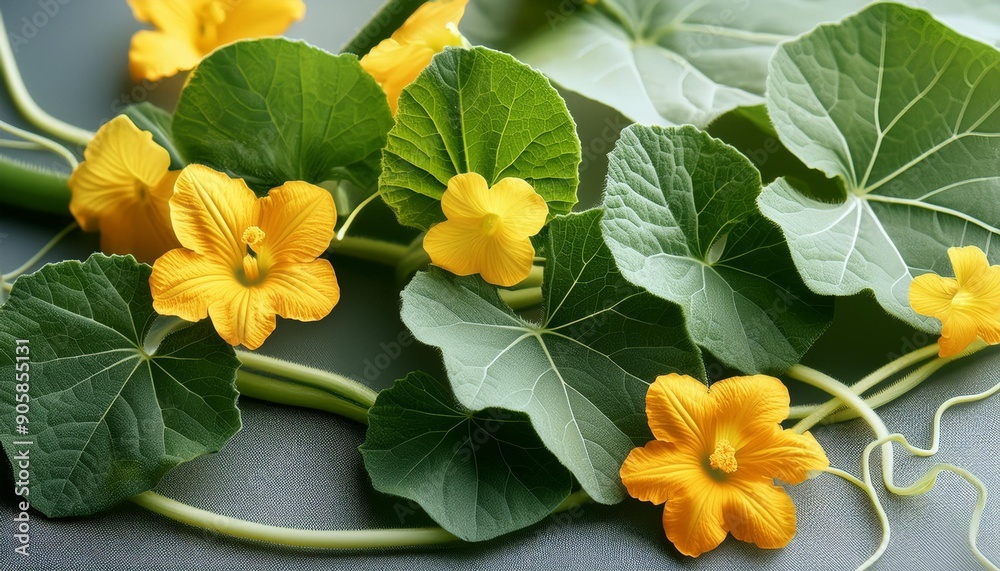 green leaves of cantaloupe muskmelon with yellow flowers and tendrils ...