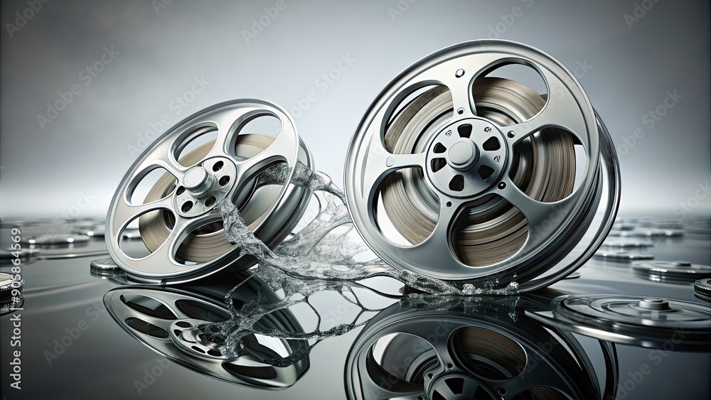 Abstract reel-to-reel tape blending into liquid forms on a light gray ...