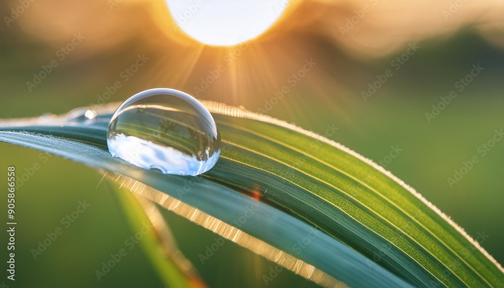 Drop of dew in morning glow in sun. Large beautiful drop of transparent ...