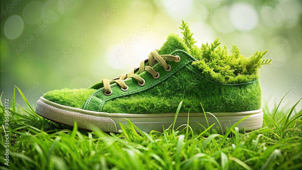 Green sneaker covered in grass and leaves, promoting sustainability and ...