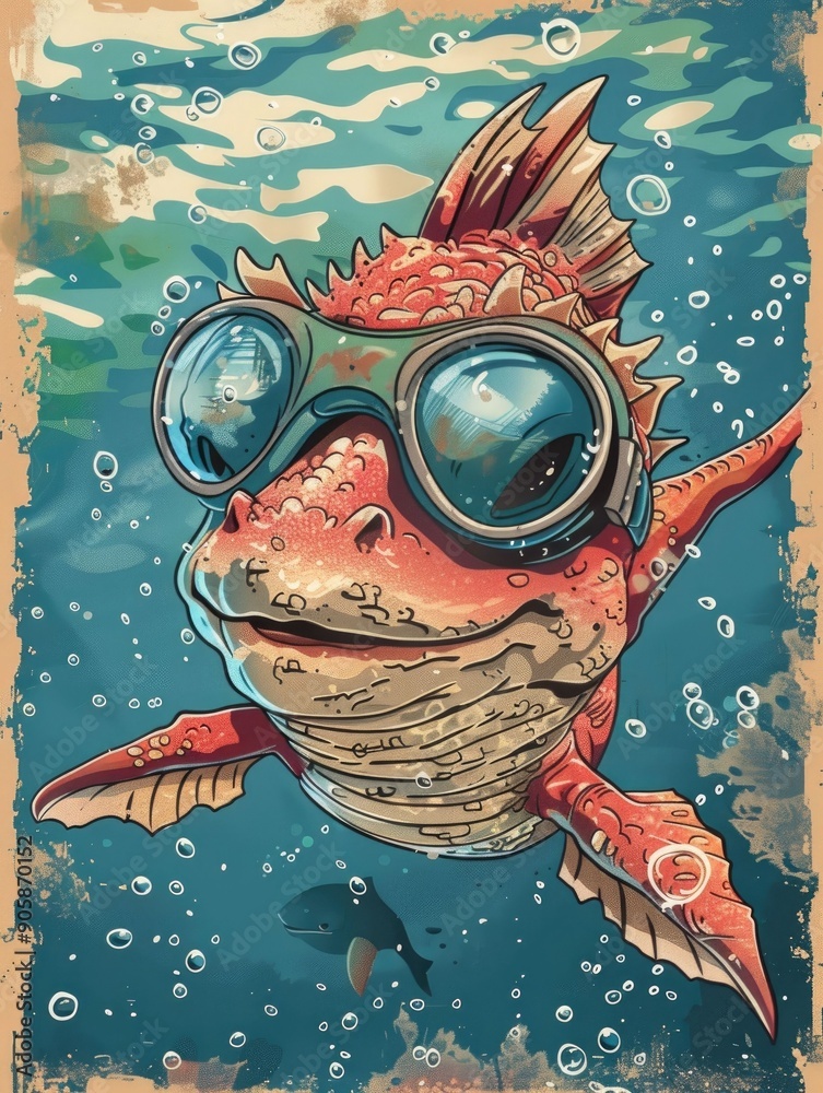 Whimsical and playful cartoon character of a sprite snorkeling ...