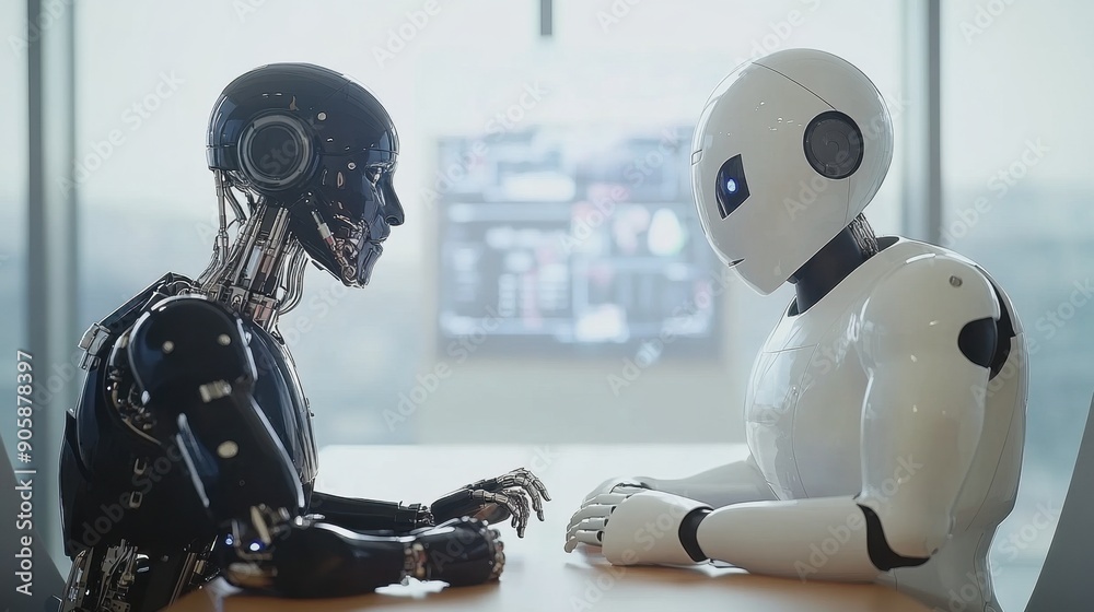 Two advanced humanoid robots facing each other at a desk in a modern office setting, symbolizing ...