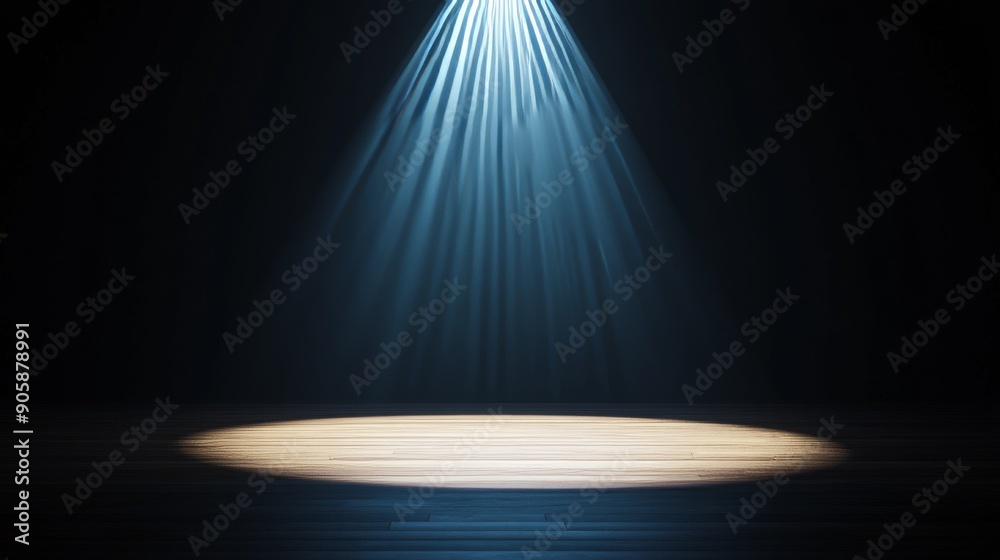 Blue A single bright spotlight shining down in the center, casting a ...
