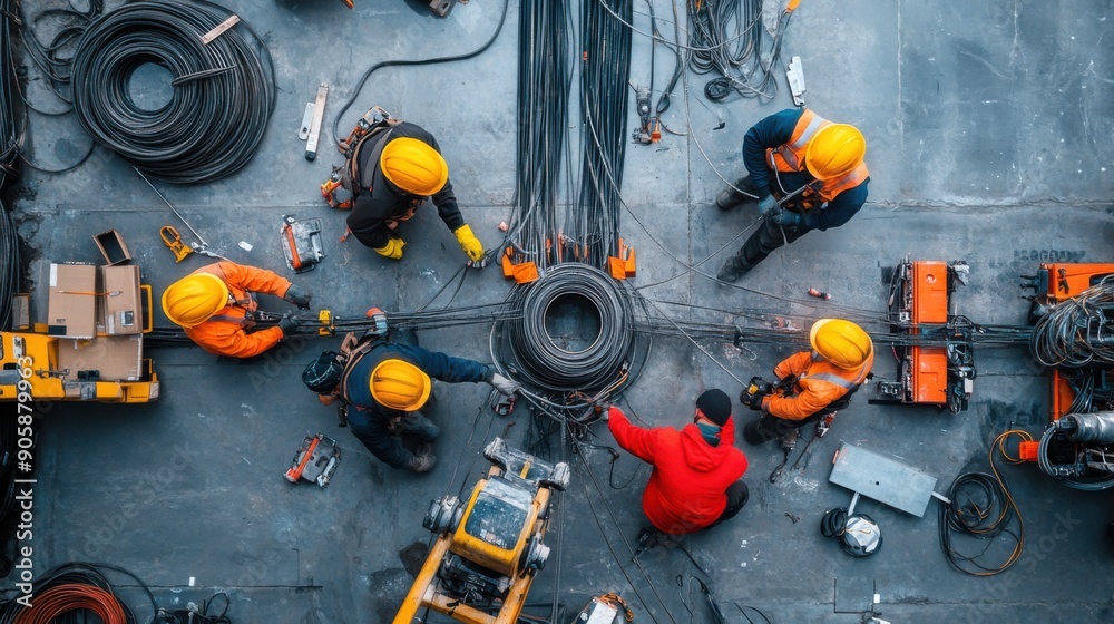 Workers installing large cables on a construction site from a ground ...