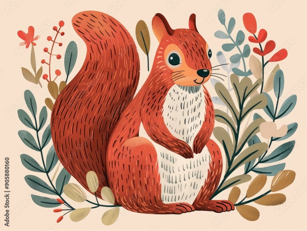 Delightful cartoon style of a cute fluffy red squirrel in a whimsical ...