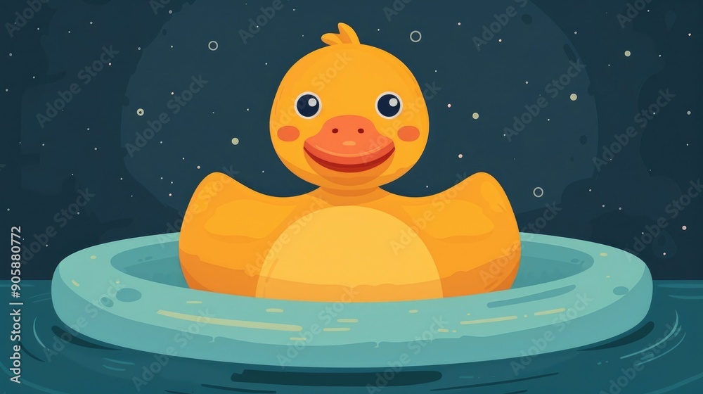 Whimsical Cartoon Duck Character Swimming in a Peaceful Pond at Night ...