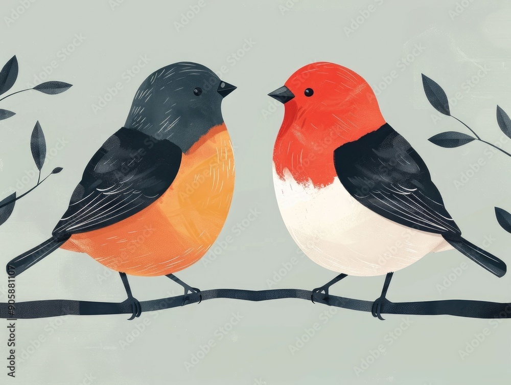 This charming depicts a pair of stylized cartoon birds perched on ...