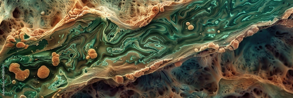 Thin human skin dermis with visible collagen fibers green and multiple ...