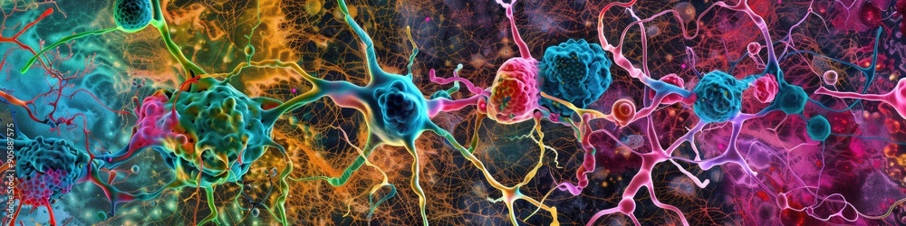 Neuron cell body structures shown in false color transmission electron ...