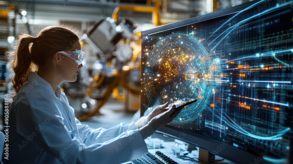 A high-tech particle physics lab with scientists analyzing data on ...