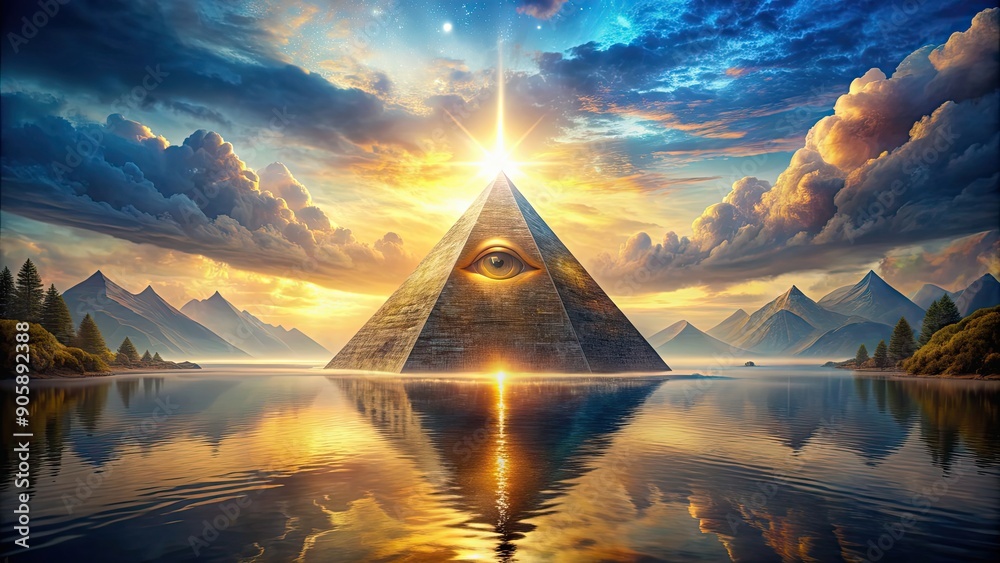 Mystical pyramid with open Third Eye above water in golden light ...