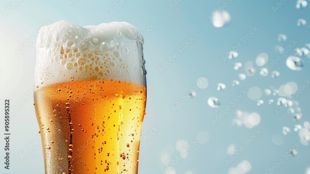 Cold beer in a frosty glass, with bubbles rising and a foamy head ...