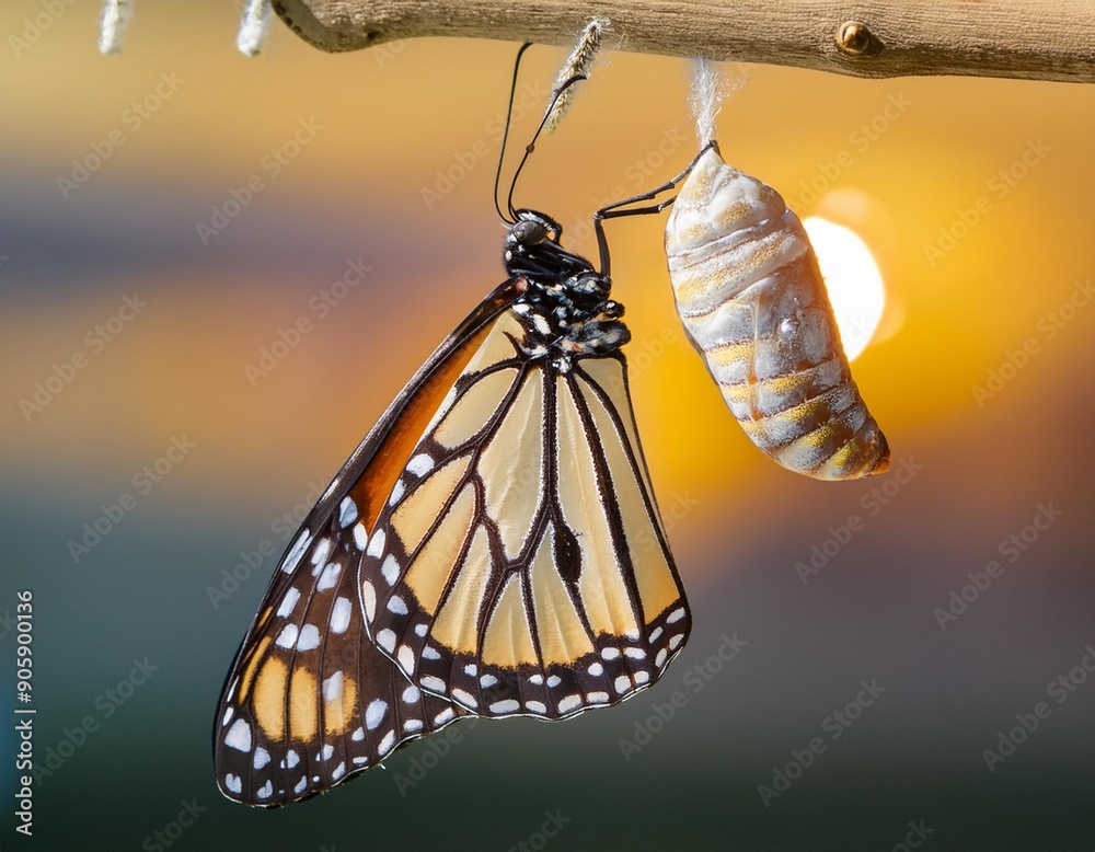 Amazing moment, Monarch Butterfly, pupae and cocoons are suspended ...