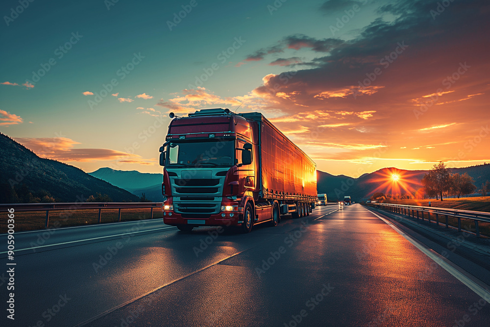 Red freight truck on highway during sunset, transportation and ...