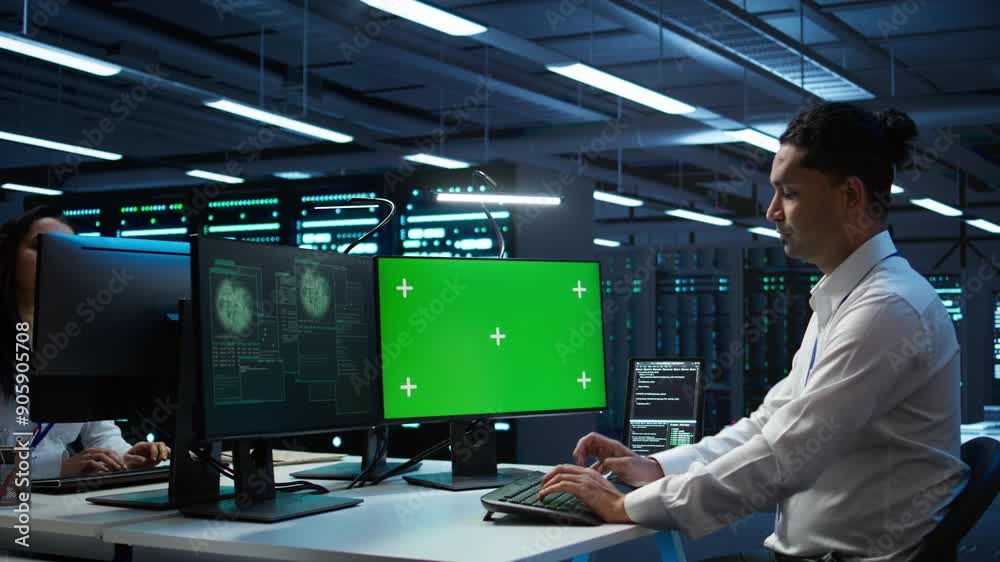 System administrator using AI tech on isolated screen PC to do maintenance in server room ...