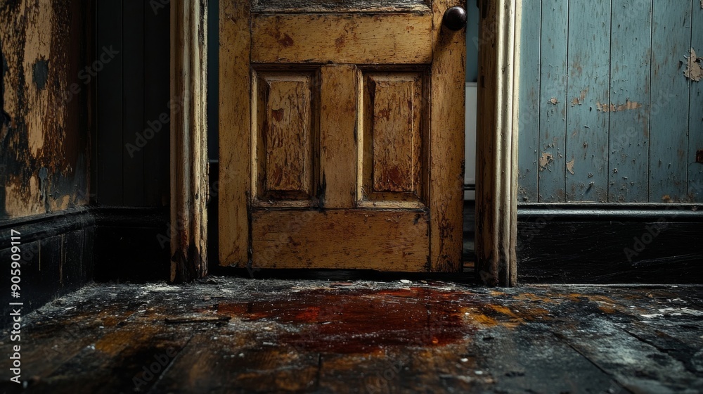 Crime scene photo capturing a door kicked in and blown off its hinges ...