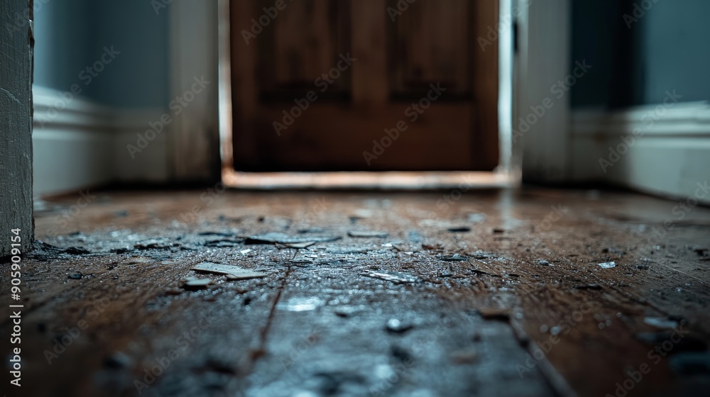 Crime scene photo capturing a door kicked in and blown off its hinges ...