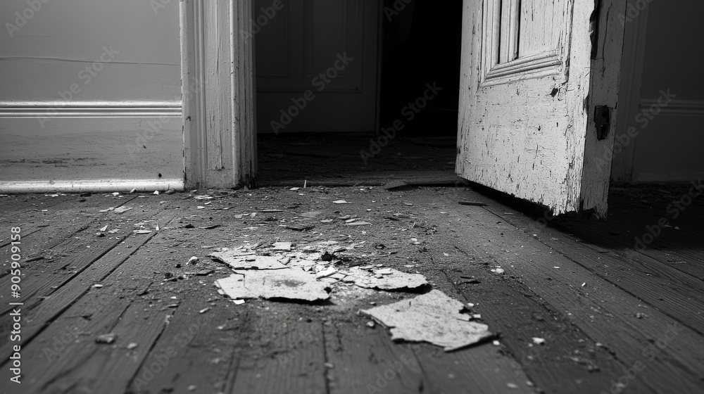 Crime scene photo capturing a door kicked in and blown off its hinges ...