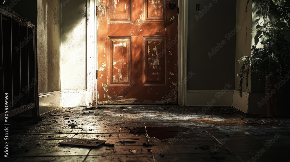 Crime scene photo capturing a door kicked in and blown off its hinges ...