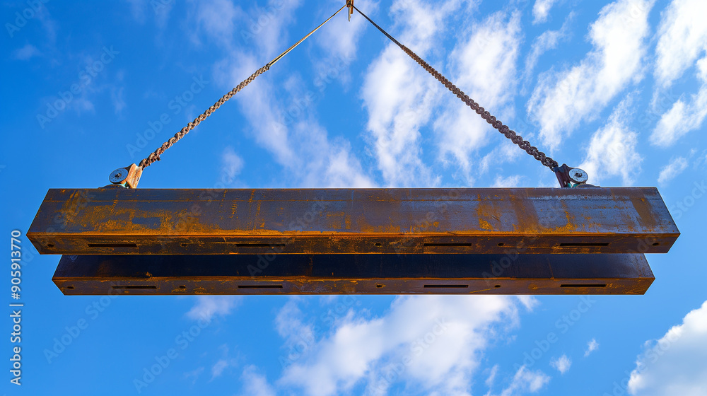 Rusty steel beam being lifted by crane against blue sky, industrial ...