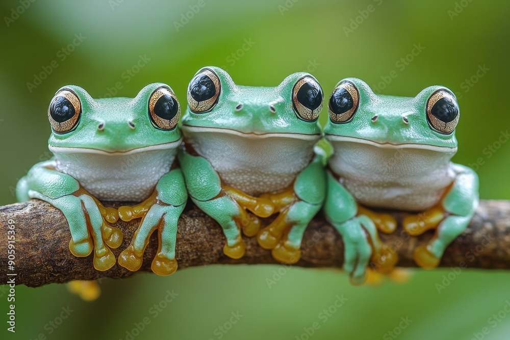 Three Flying Frogs Sitting on Branch with Cheerful Expressions, Cute ...