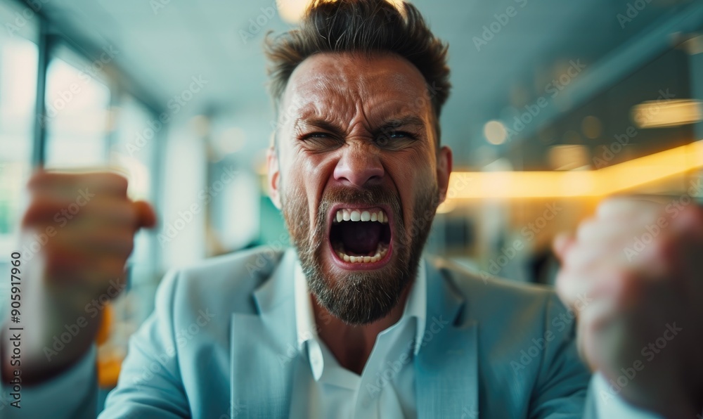 Angry Man Yelling After Losing Fortune in Modern Opulent Office Stock ...