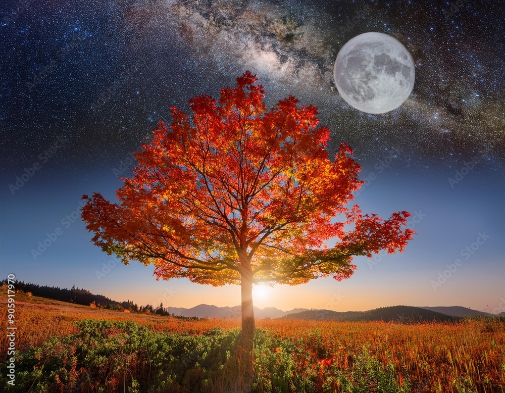 Beautiful autumn fantasy - maple tree in fall season and full moon with ...