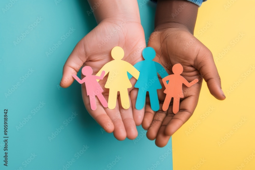 Adults and children holding paper cutouts of family homes, representing ...