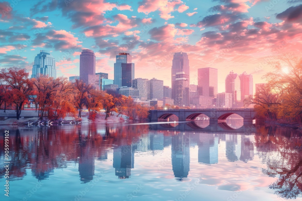 Spectacular Minneapolis Skyline at Dusk Over the Mississippi River ...