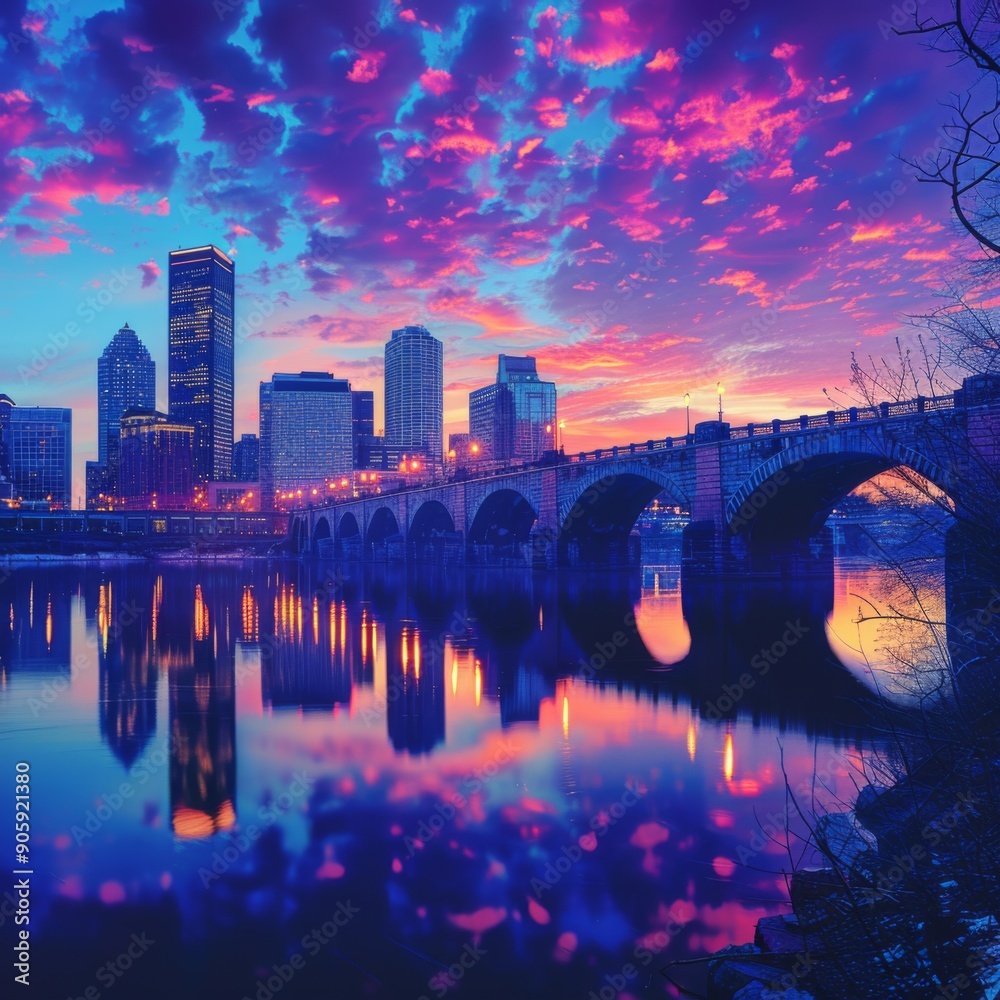 Spectacular Minneapolis Skyline at Dusk Over the Mississippi River ...