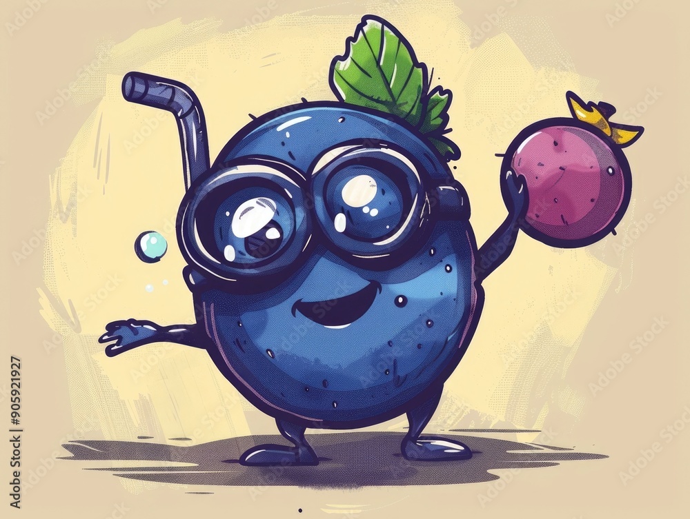 Whimsical and playful cartoon character of a blueberry like creature ...