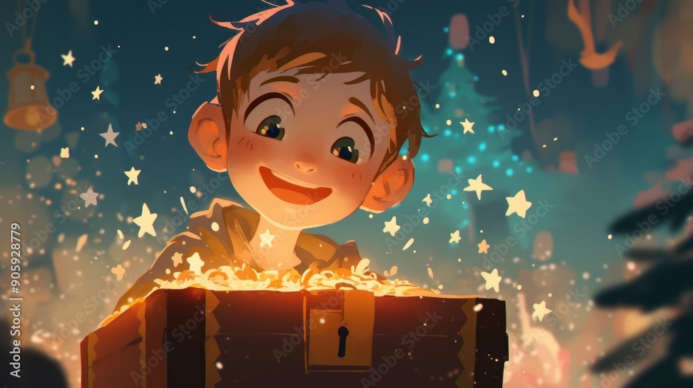 A child is opening a treasure chest, with a backdrop of sparkling stars ...
